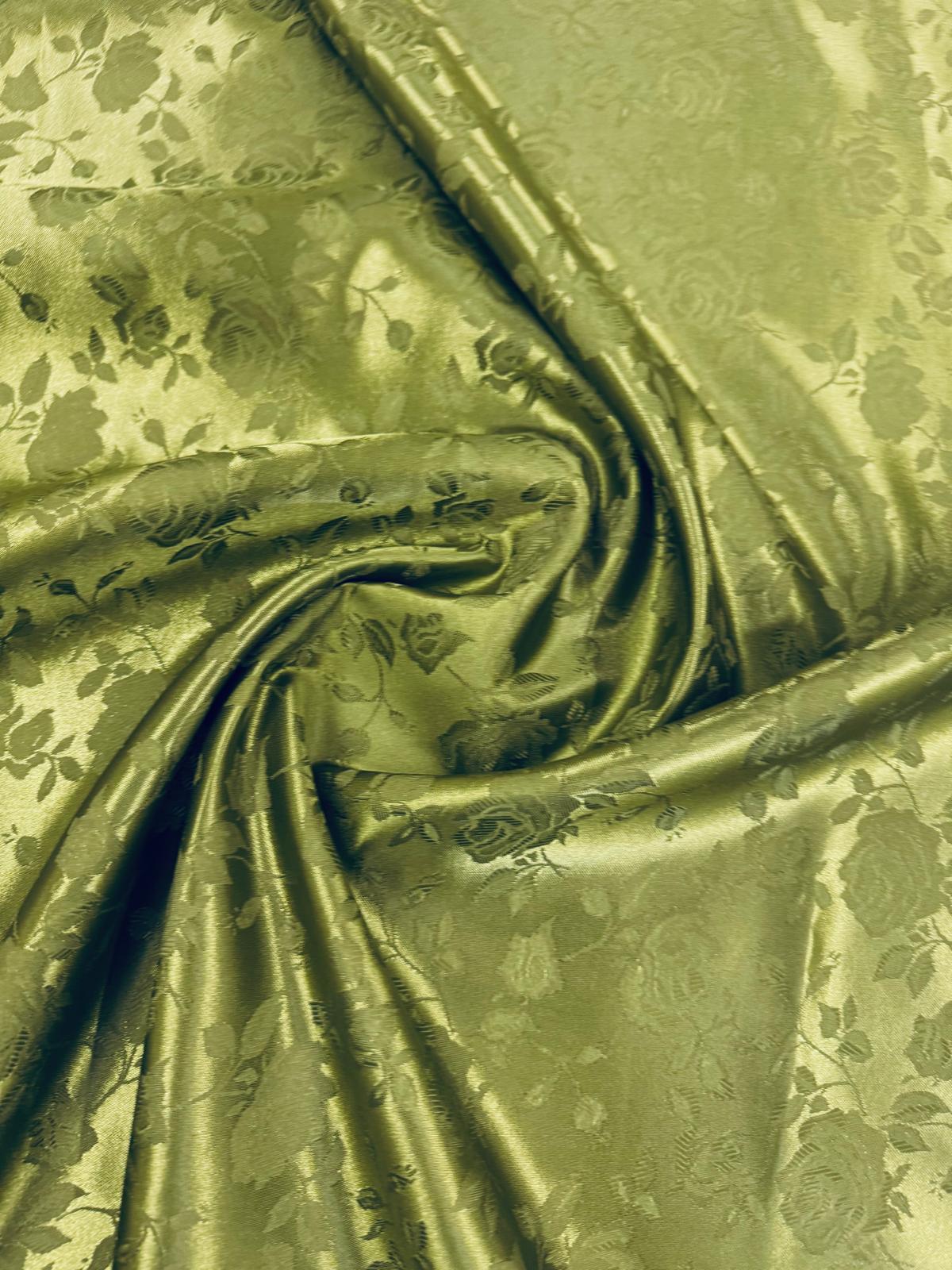 58″ Wide Satin Jacquard Rose Brocade Fabric – Olive Green – Sedona Designz